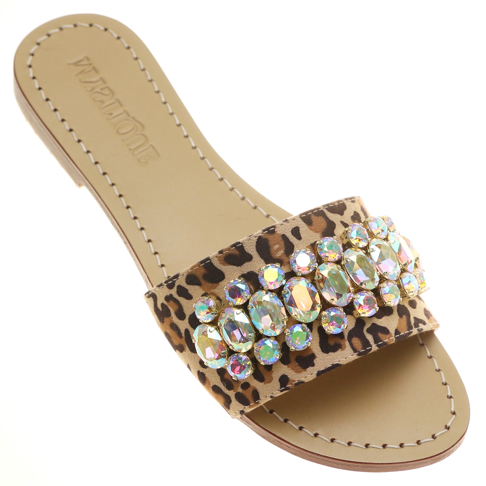 Calgary Slide Leopard- Women's Embellished Leather Sandals – Mystique ...
